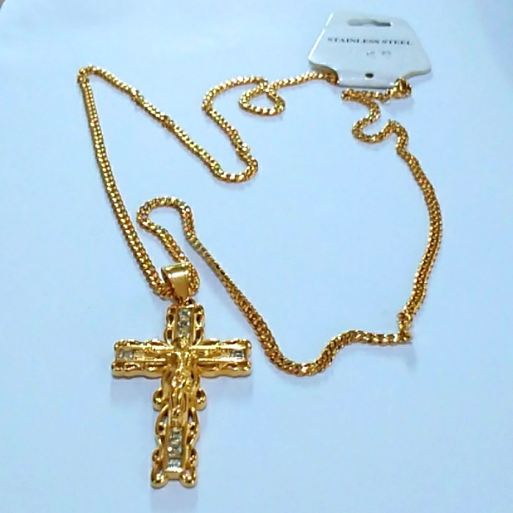 Jesus Christ Crucifix Cross Pendant Chain Necklace St… - Gem